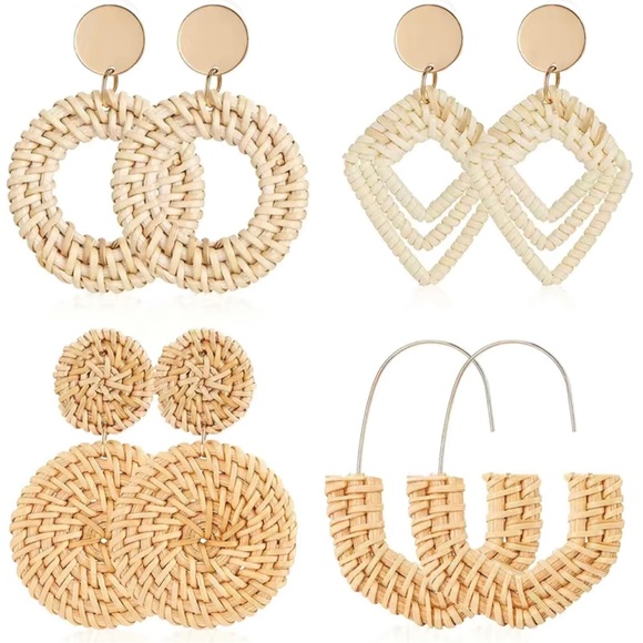 Jewelry | 4 Pairs Rattan Straw Woven Bohemian Handmade Wicker Braid ...